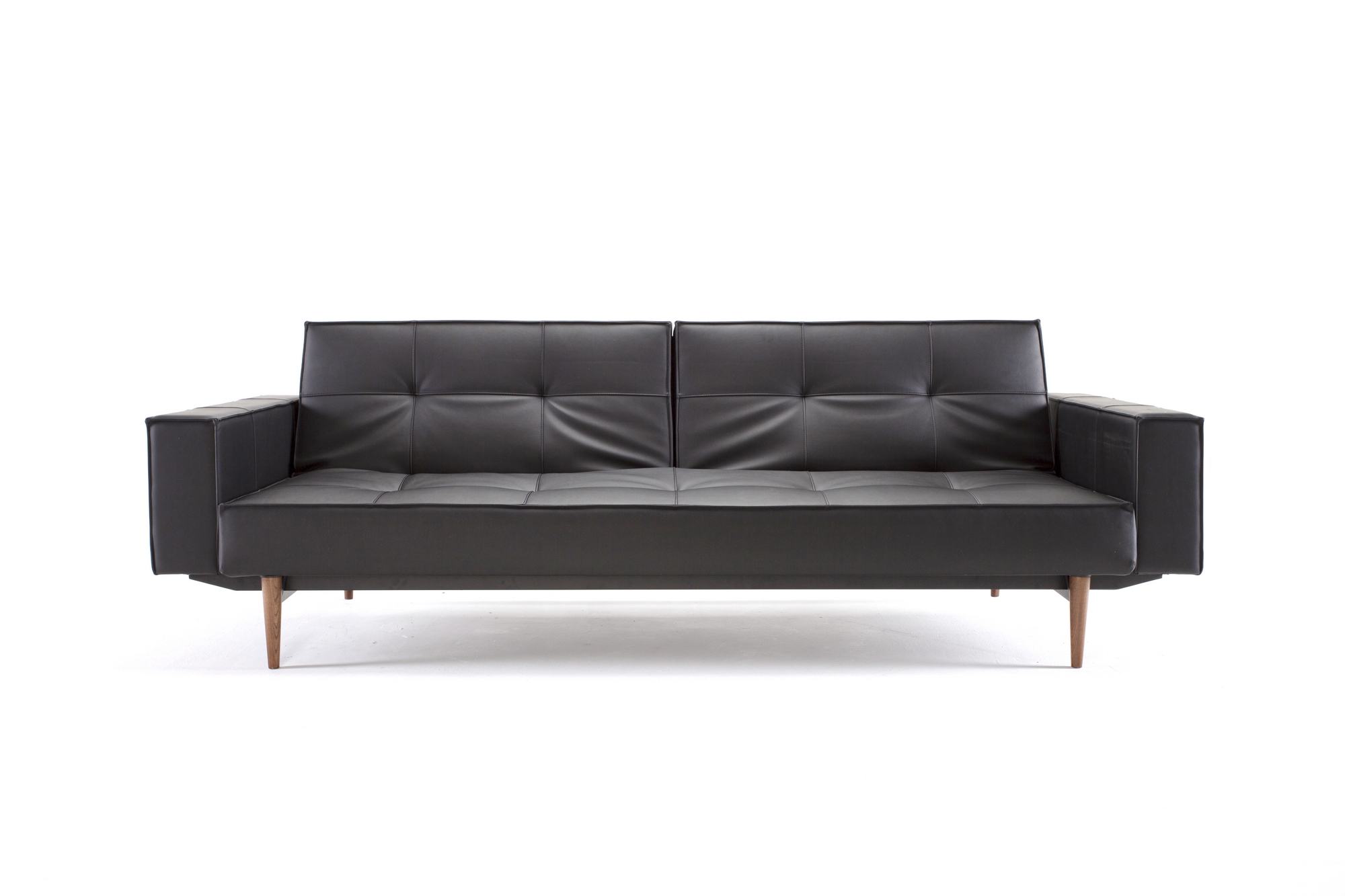 Split Back Sofa -Arms, Black Leatherette, Dk Wood